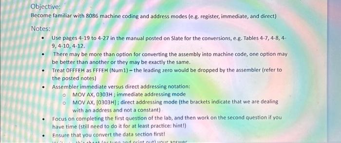 Solved Objective Become Familiar With 8086 Machine Coding 