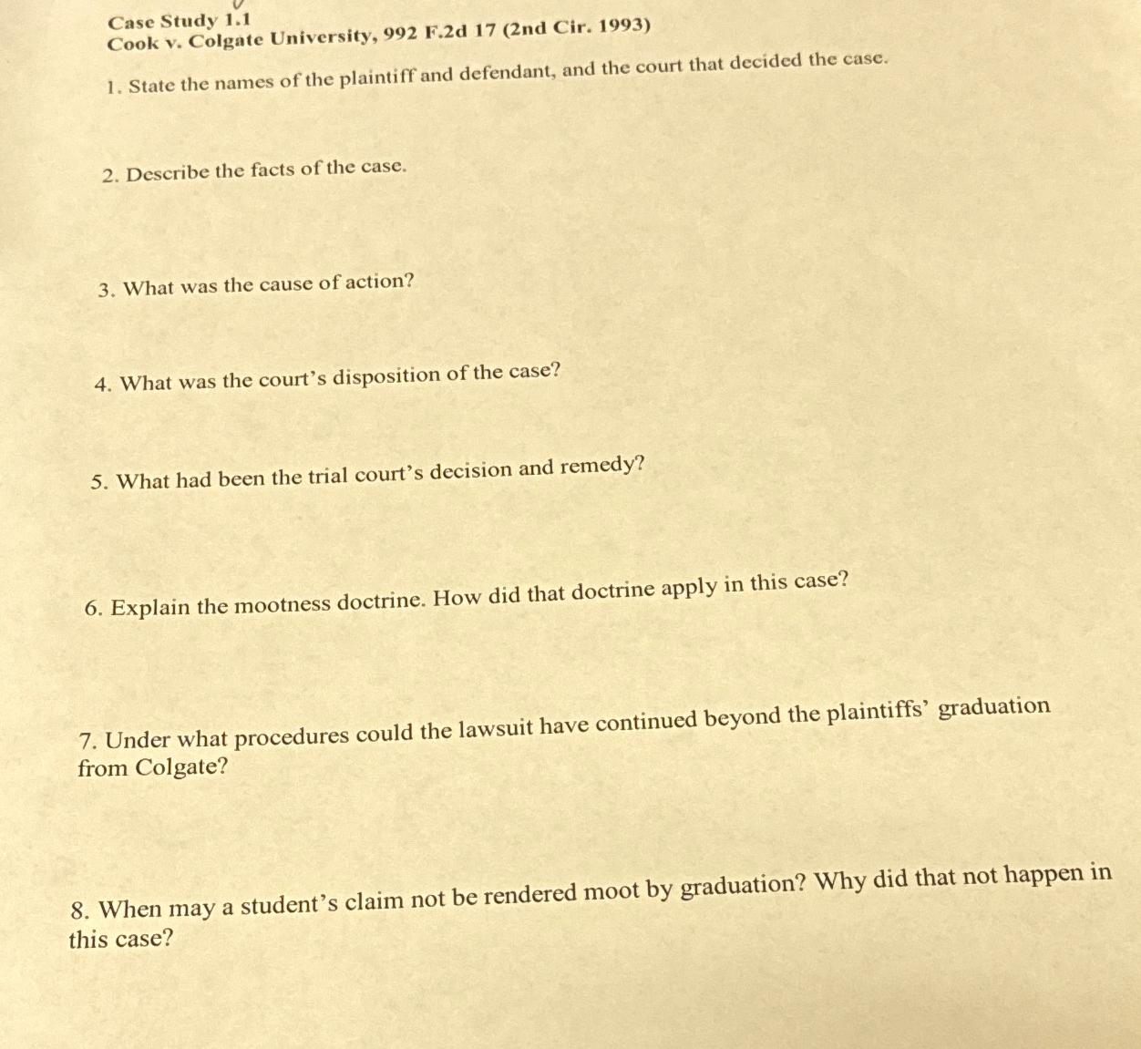 Solved Case Study 1.1Cook v. ﻿Colgate University, 992 | Chegg.com