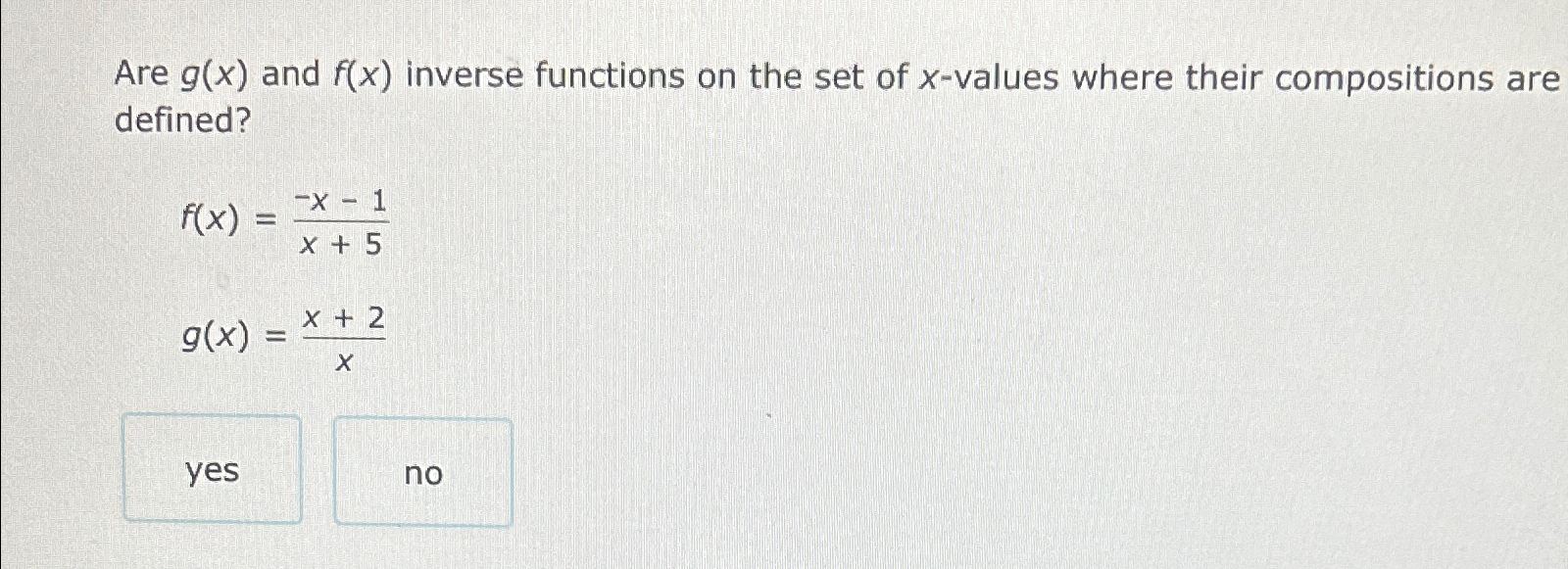 Solved Are g(x) ﻿and f(x) ﻿inverse functions on the set of | Chegg.com