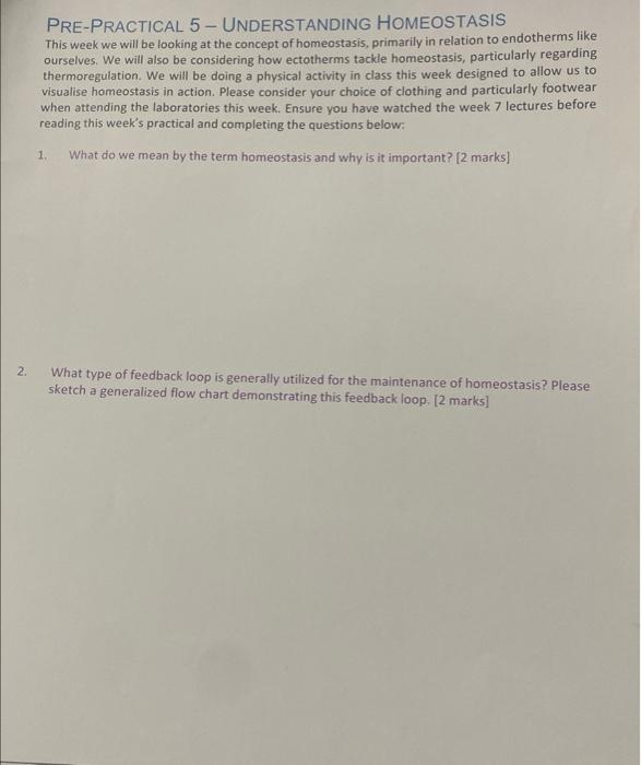 Solved PRE-PRACTICAL 5 - UNDERSTANDING HOMEOSTASIS This week | Chegg.com
