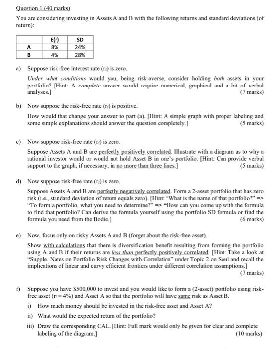 Question 1 ( 40 marks) You are considering investing | Chegg.com