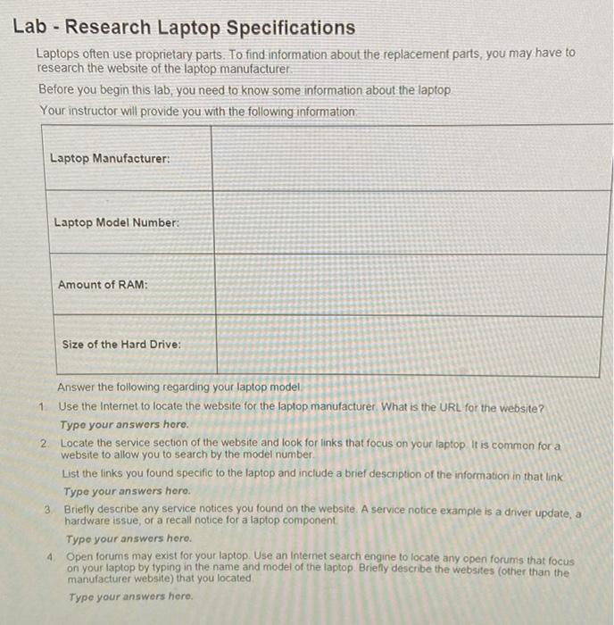 Solved Lab - Research Laptop Specifications Laptops often | Chegg.com