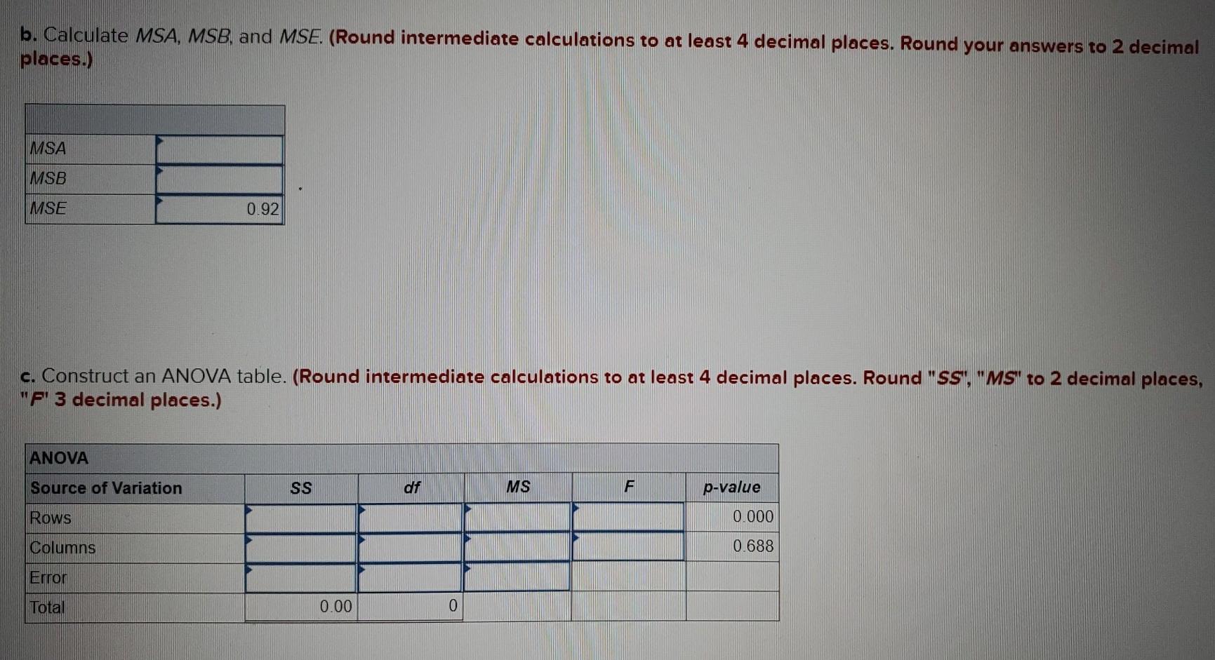 Solved b. Calculate MSA, MSB, and MSE. (Round intermediate | Chegg.com