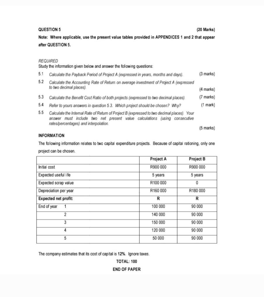 Solved QUESTION 5 (20 Marks) Note: Where applicable, use the | Chegg.com