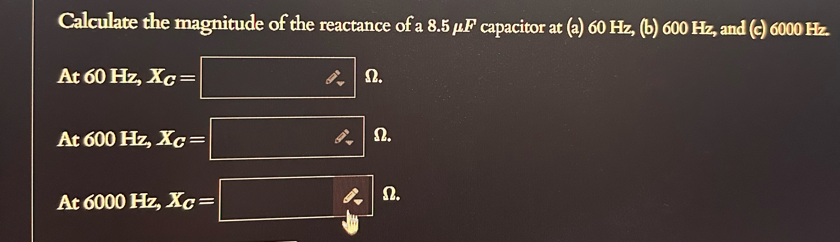 Solved Calculate the magnitude of the reactance of a 8.5μ ﻿F | Chegg.com
