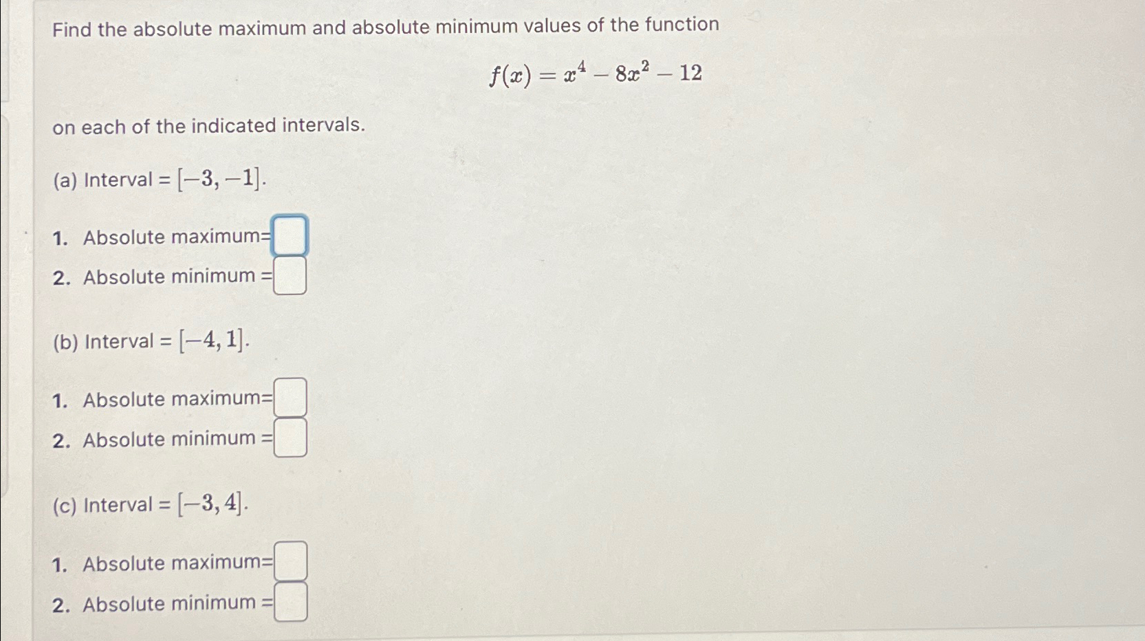 Solved Find the absolute maximum and absolute minimum values | Chegg.com