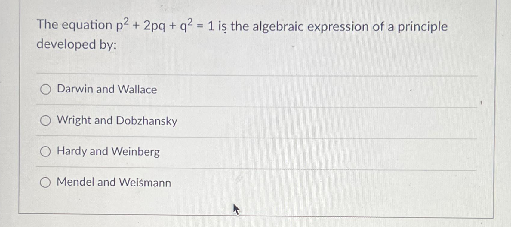 Solved The equation p2+2pq+q2=1 ﻿is the algebraic expression | Chegg.com