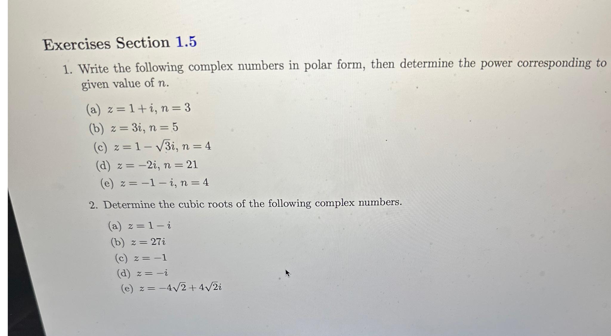 Solved Exercises Section 1.5Write the following complex | Chegg.com