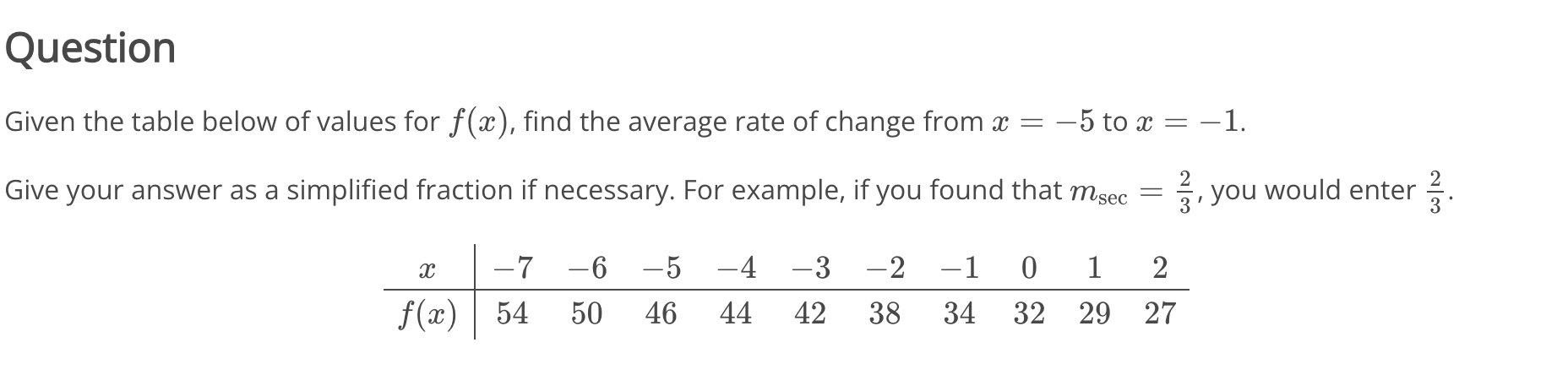 Solved QuestionGiven the table below of values for f(x), | Chegg.com
