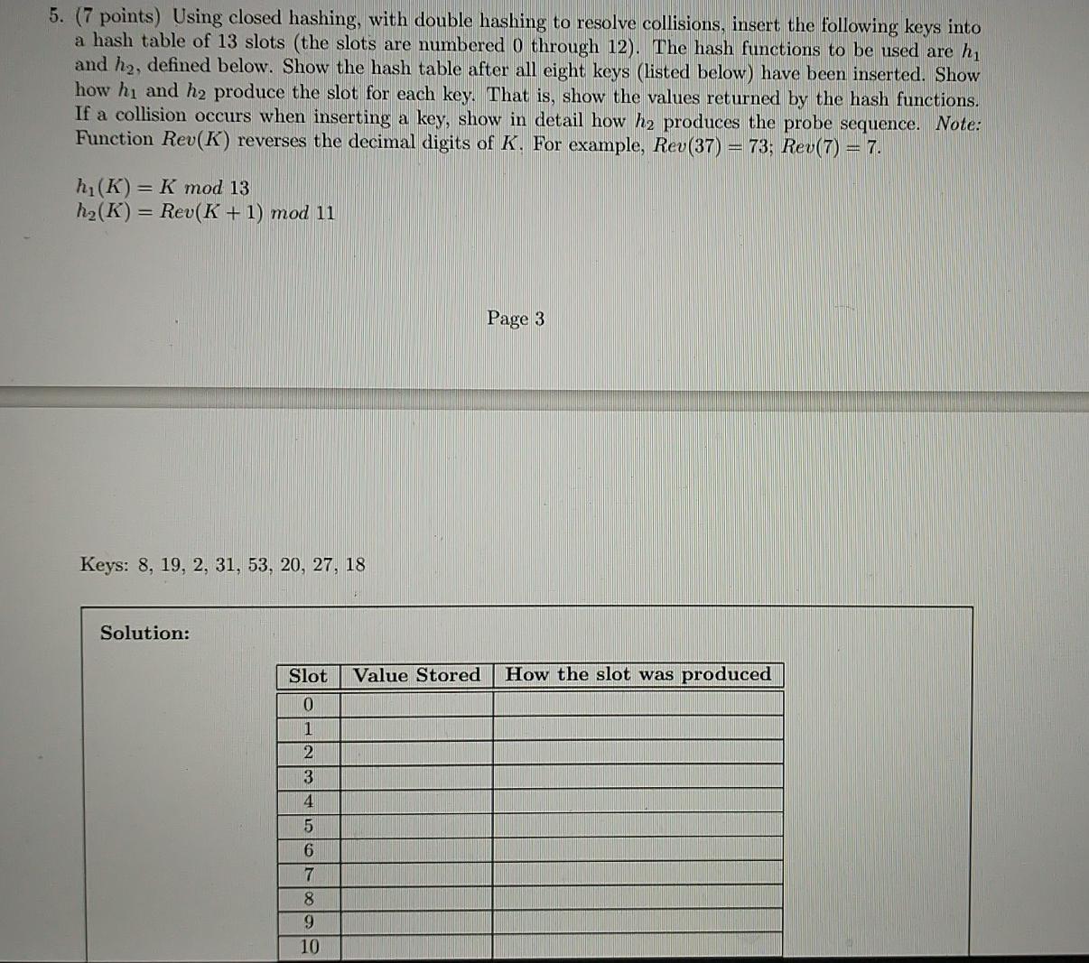 Solved 5. (7 points) Using closed hashing, with double | Chegg.com Solved 5. (7 points) Using closed hashing, with double | Chegg.com