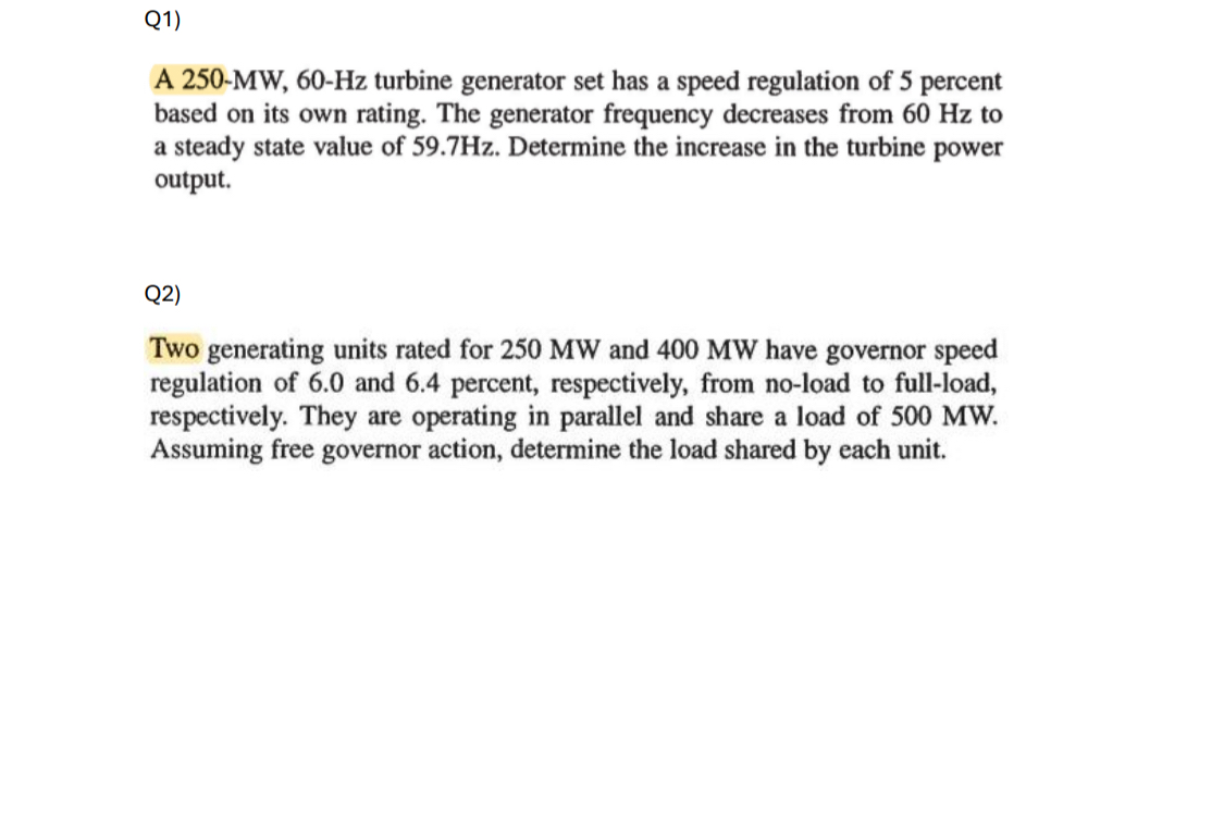 Solved Q1)A 250-MW,60-Hz ﻿turbine generator set has a speed | Chegg.com