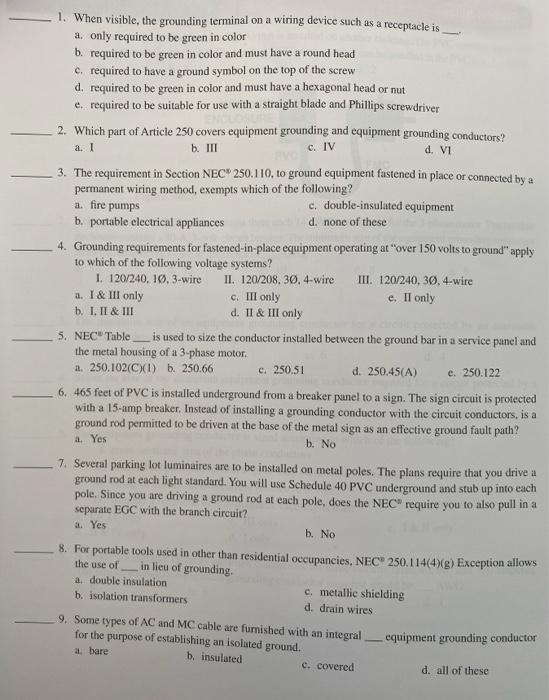 Solved 1. When visible, the grounding terminal on a wiring | Chegg.com