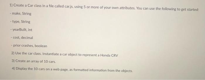 Solved 1) Create a Car class in a file called car.js, using | Chegg.com