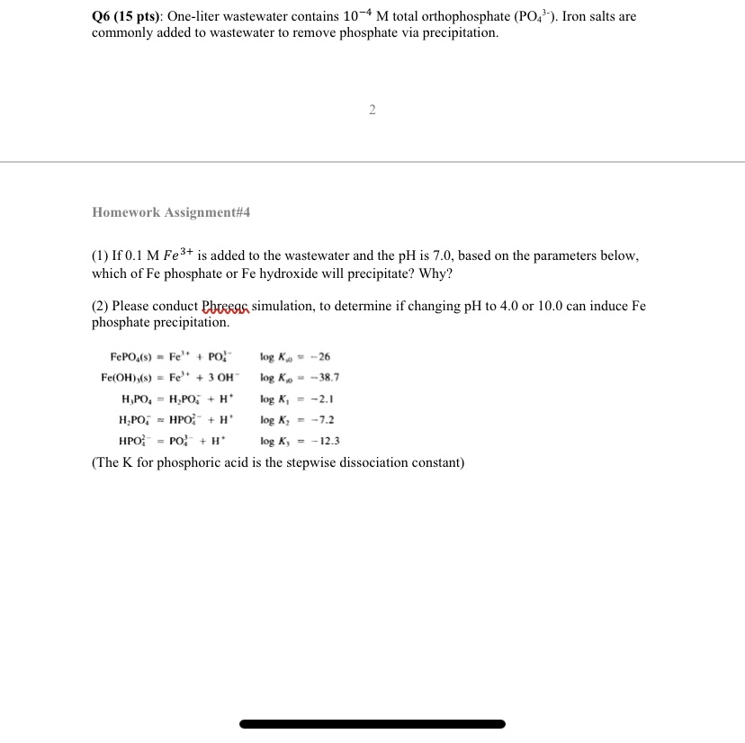 Solved Q6 (15 ﻿pts): One-liter wastewater contains 10-4M | Chegg.com