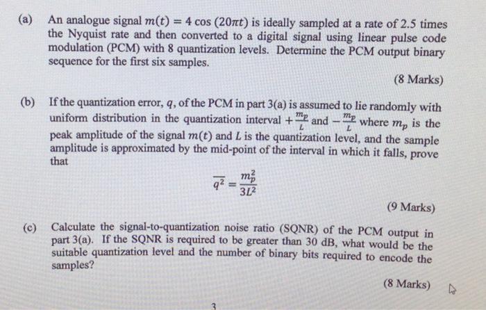 Solved (a) An analogue signal m(t)=4cos(20πt) is ideally | Chegg.com