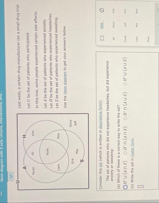 Solved I Venn diagram with 3 sets: Unions, intersections, | Chegg.com
