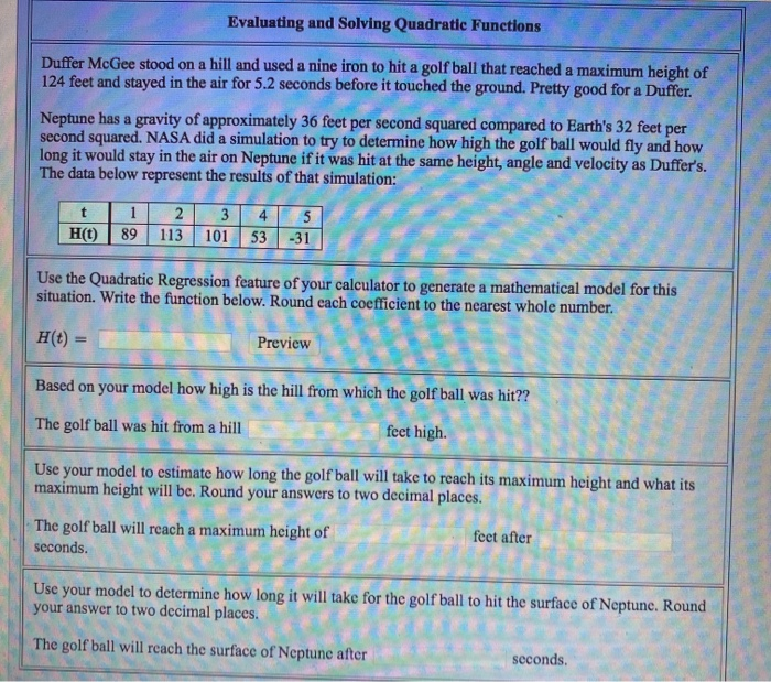 Solved Evaluating and Solving Quadratic Functions Duffer | Chegg.com