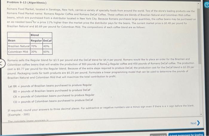 Solved © Problem 9-13 (Algorithmic) Romans Food Market, | Chegg.com