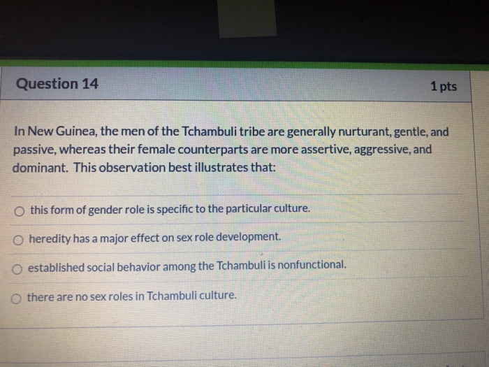 Solved Question 14 1 pts In New Guinea, the men of the | Chegg.com