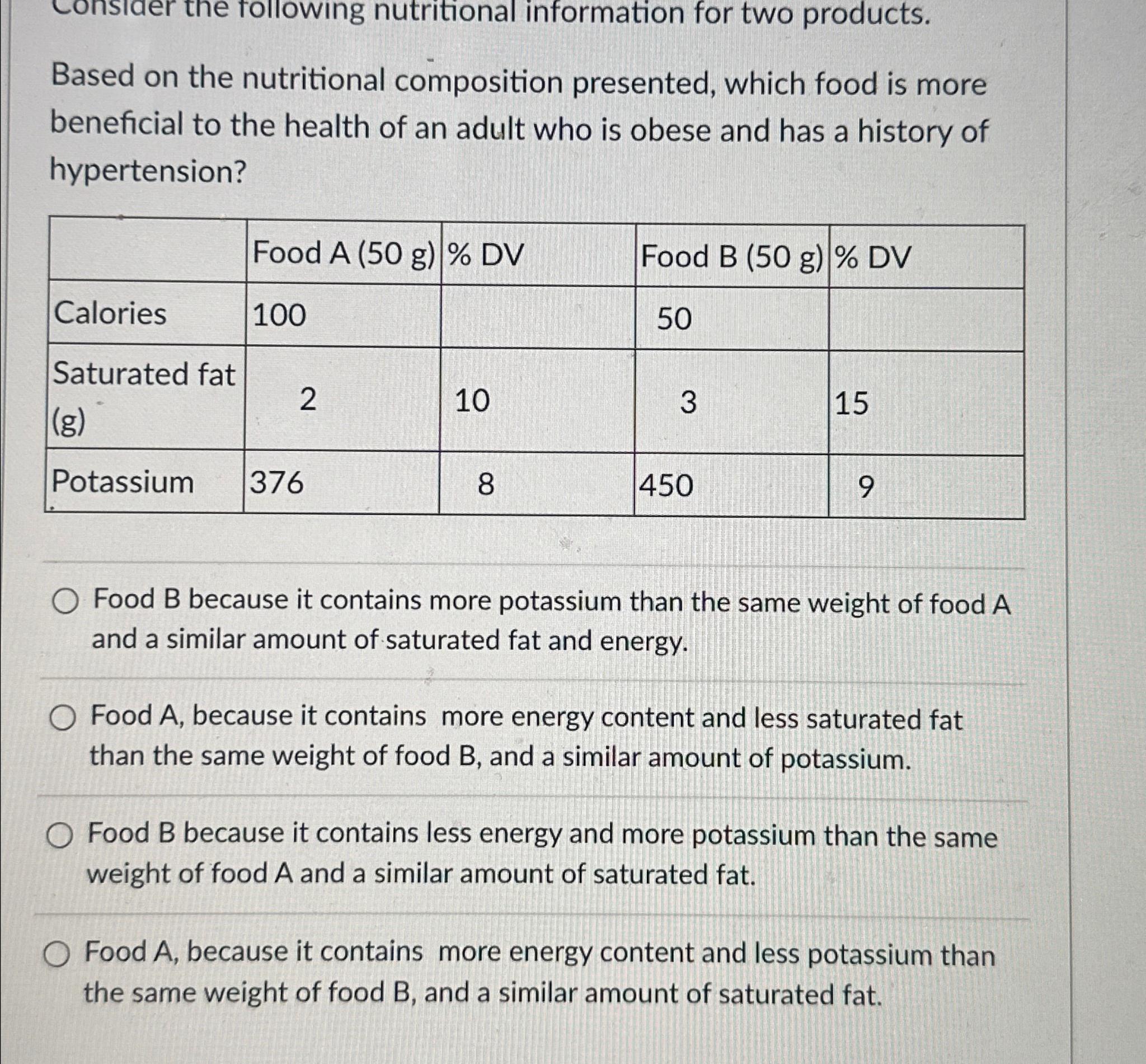 Solved Consider the following nutritional information for | Chegg.com