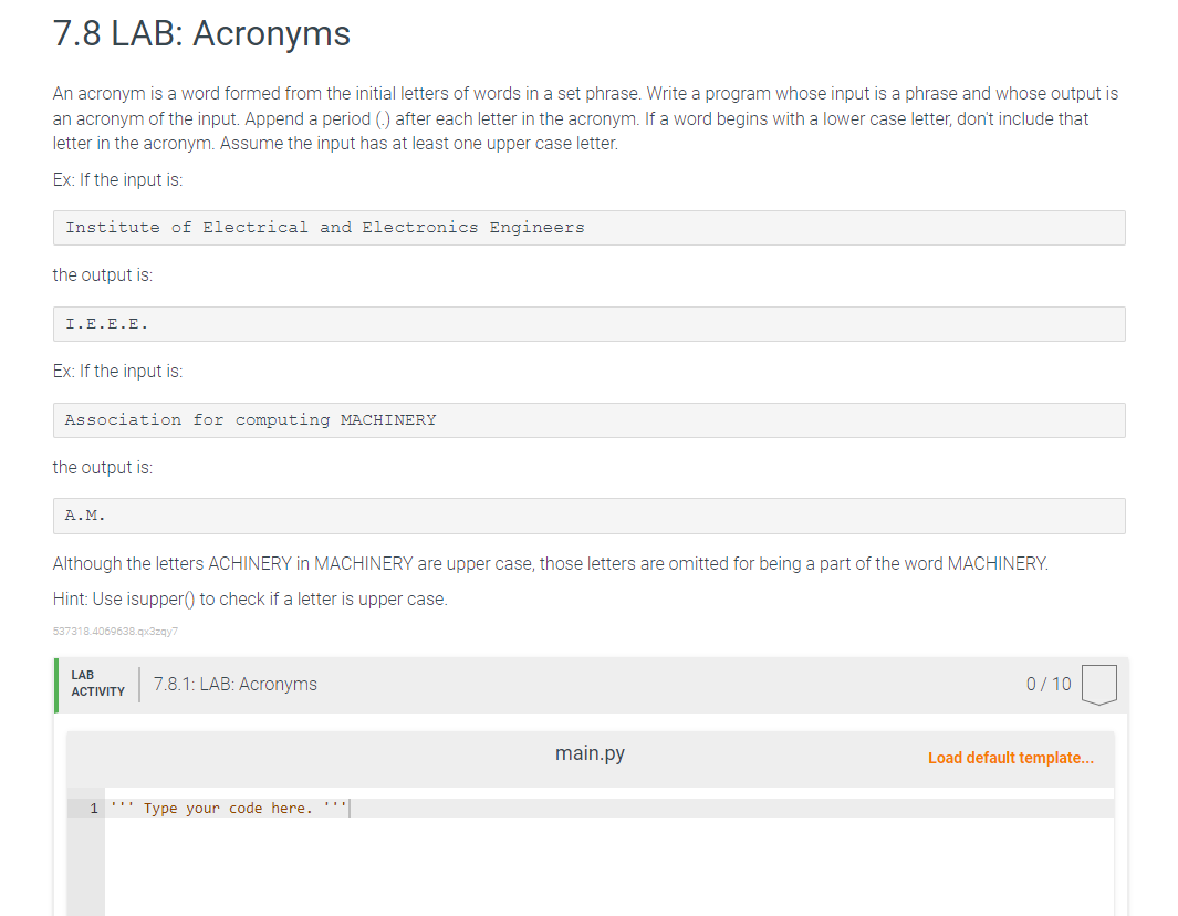 7.8 ﻿LAB: AcronymsAn acronym is a word formed from | Chegg.com
