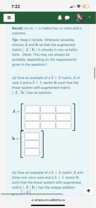Solved (a) Give an example of a 3×3 matrix A of rank 2 and a | Chegg.com