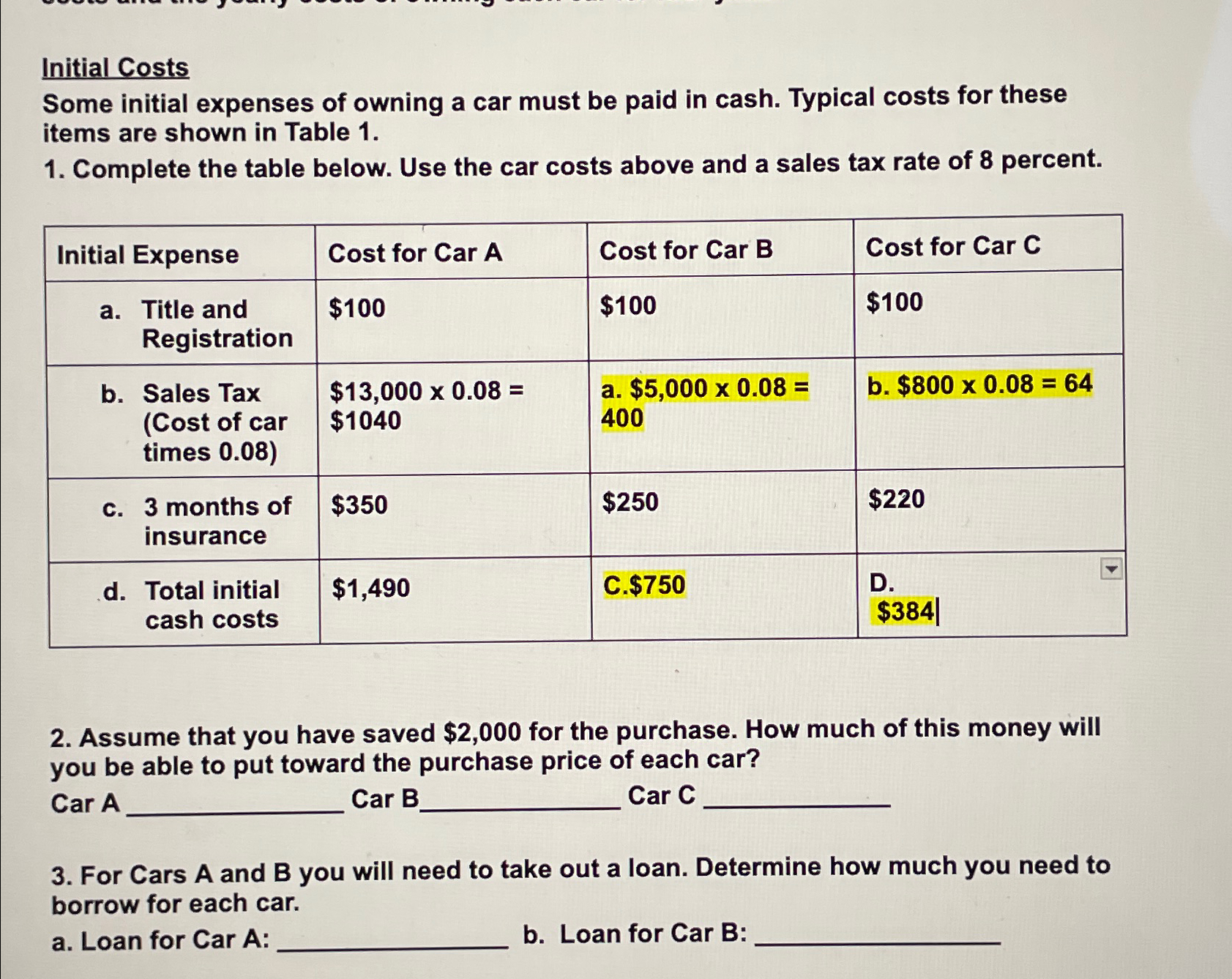 Solved Initial CostsSome initial expenses of owning a car | Chegg.com