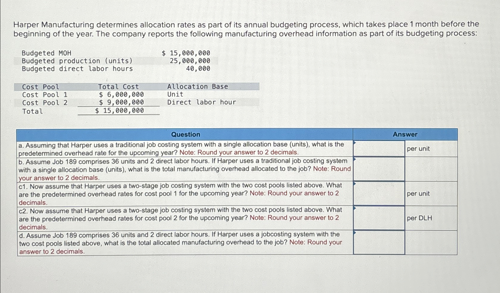 Solved Harper Manufacturing determines allocation rates as | Chegg.com