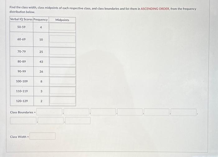 Solved Find the class width, class midpoints of each | Chegg.com