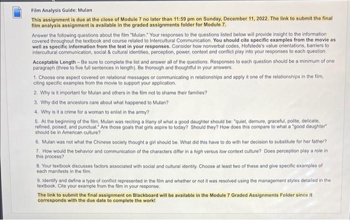Film Analysis Guide: Mulan This assignment is due at | Chegg.com