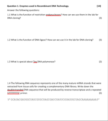 Solved Question 1. ﻿Enzymes used in Recombinant DNA | Chegg.com