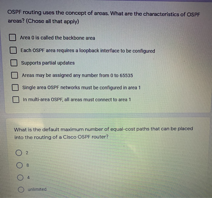 Solved OSPF routing uses the concept of areas. What are the | Chegg.com