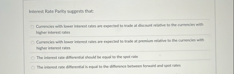 Solved Interest Rate Parity suggests that:q,Currencies with | Chegg.com