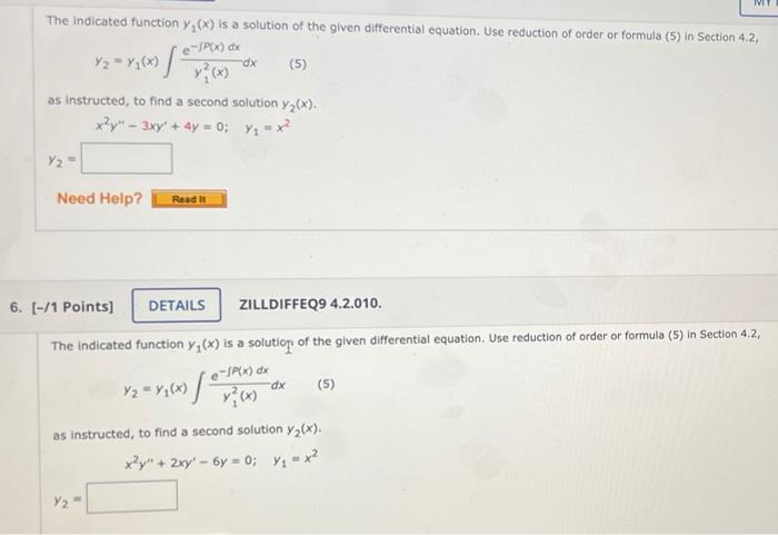 Solved The indicated function y1(x) is a solution of the | Chegg.com