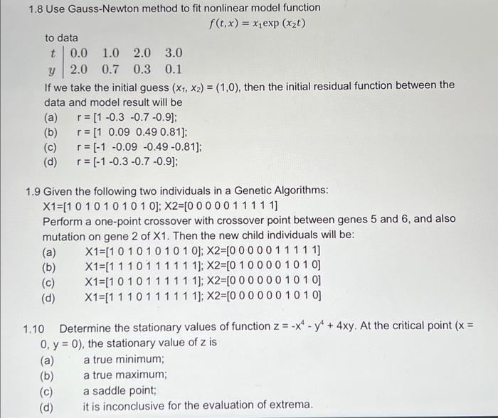 Solved 1.8 Use Gauss-Newton method to fit nonlinear model | Chegg.com
