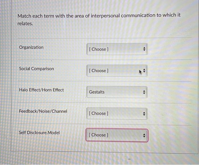Match each term with the area of interpersonal | Chegg.com