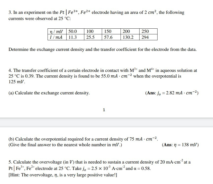 Solved 3. In an experiment on the Pt | Fe3+, Fe2+ electrode | Chegg.com