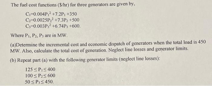 Solved The fuel cost functions ($/hr) for three generators | Chegg.com