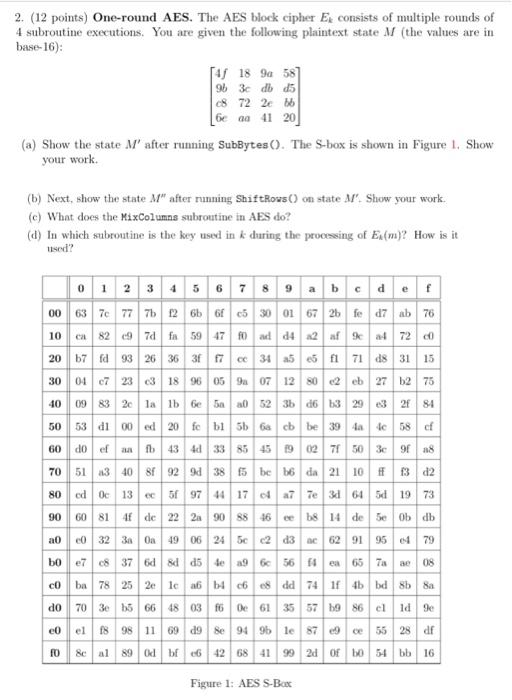 Solved 2. (12 points) One-round AES. The AES block cipher Ek | Chegg.com
