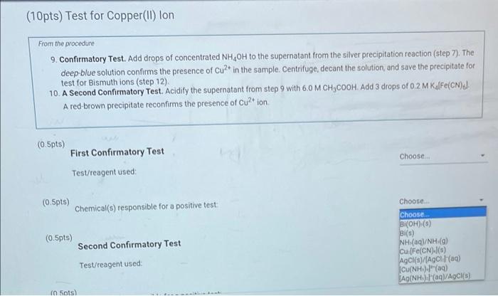 Solved (10pts) Test for Copper(II) lon From the procedure 9. | Chegg.com