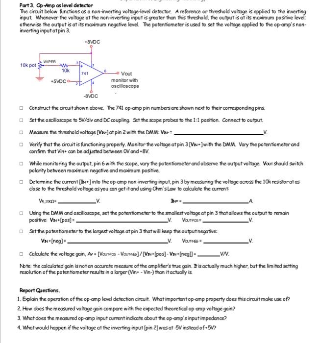 Solved Part 3. Op Amp as level detector The circuit below | Chegg.com