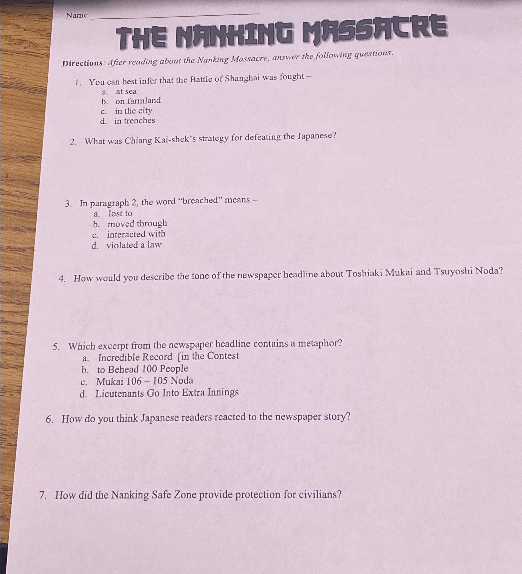 Solved NameDirections: After reading about the Nanking | Chegg.com