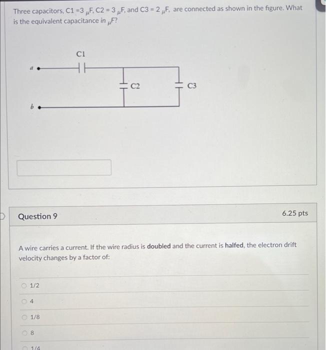 Solved Three capacitors, C1 =3 F. C2 = 3, F. and C3 = 2.F. | Chegg.com