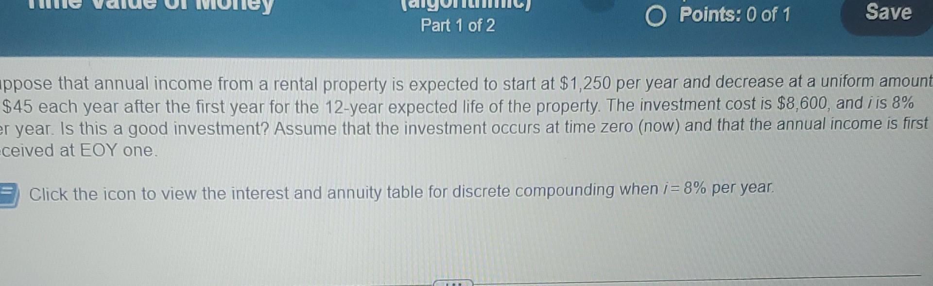 Solved O Points: 0 of 1 Save Part 1 of 2 ppose that annual | Chegg.com