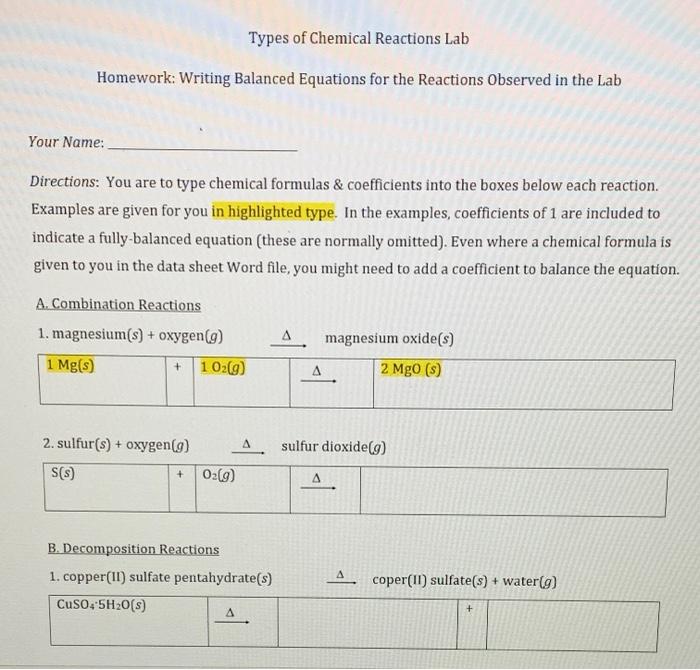 Solved Types of Chemical Reactions Lab Homework: Writing | Chegg.com