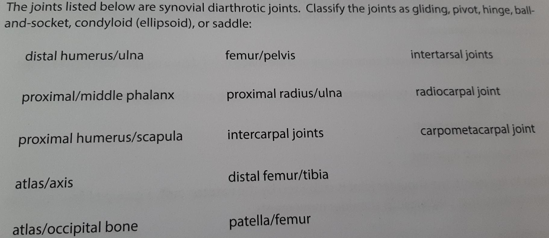Solved The joints listed below are synovial diarthrotic | Chegg.com Solved The joints listed below are synovial diarthrotic | Chegg.com