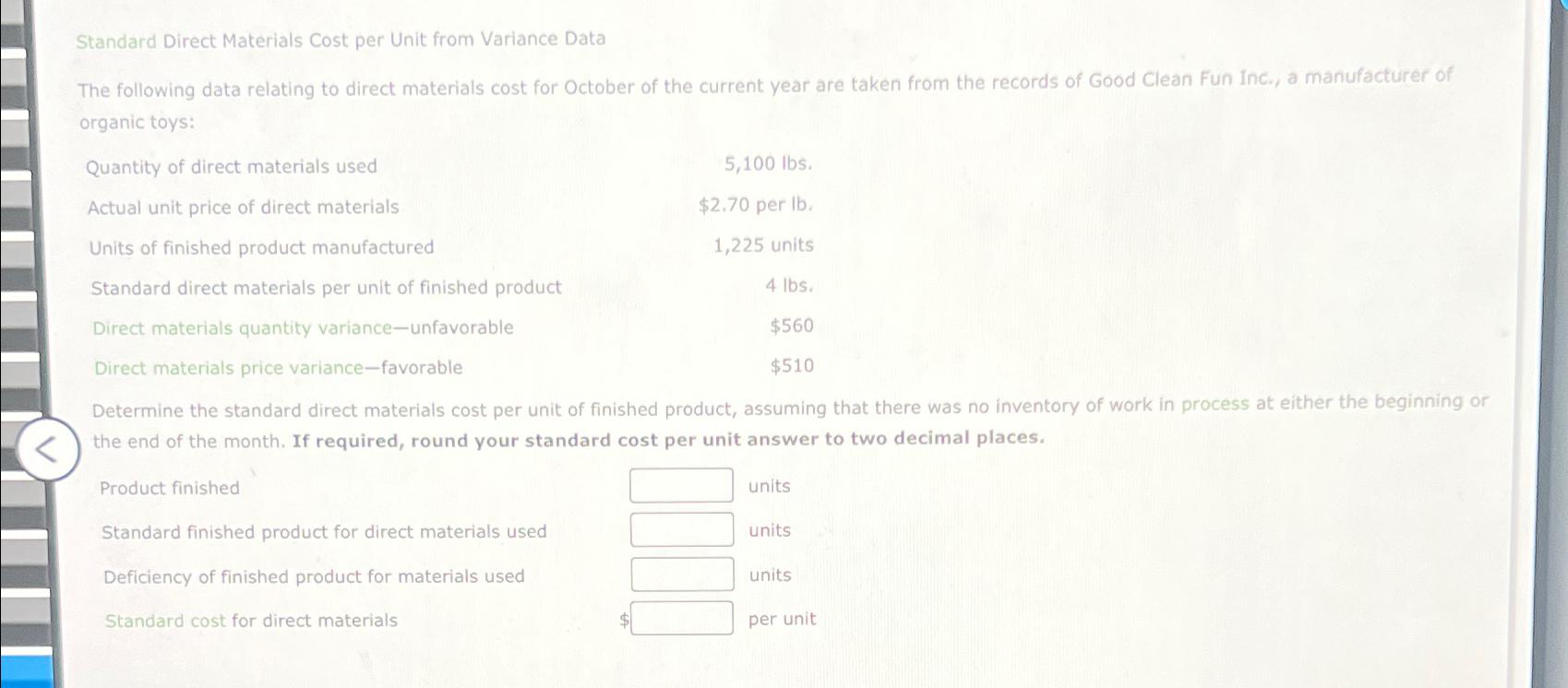 Solved Standard Direct Materials Cost per Unit from Variance | Chegg.com