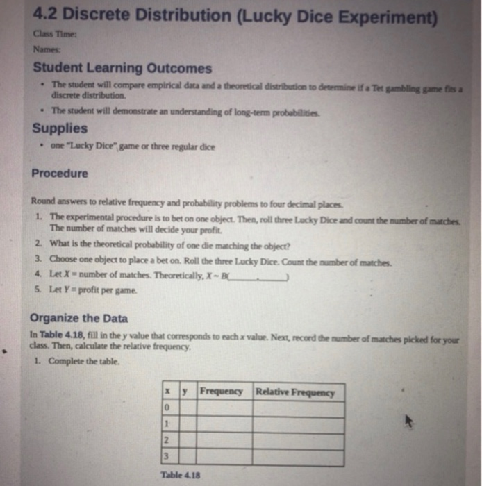 Solved 4.2 Discrete Distribution (Lucky Dice Experiment) | Chegg.com