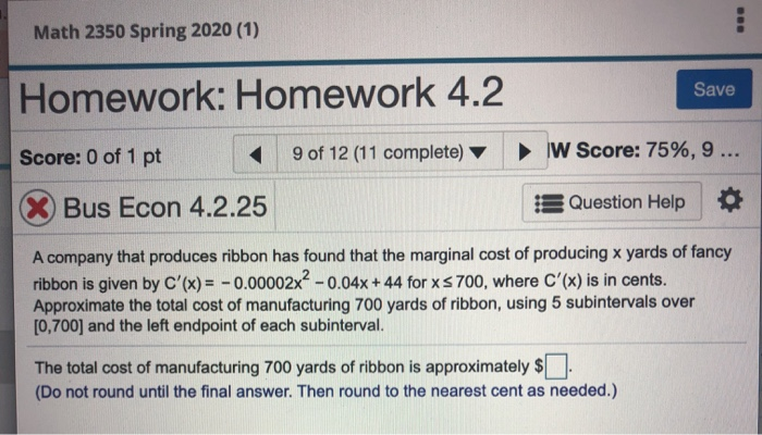 Solved Math 2350 Spring 2020 (1) Save Homework: Homework 4.2 | Chegg.com