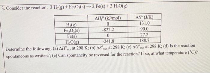 Solved 3. Consider the reaction: 3 H2(g) + Fe2O3(s) → 2 | Chegg.com